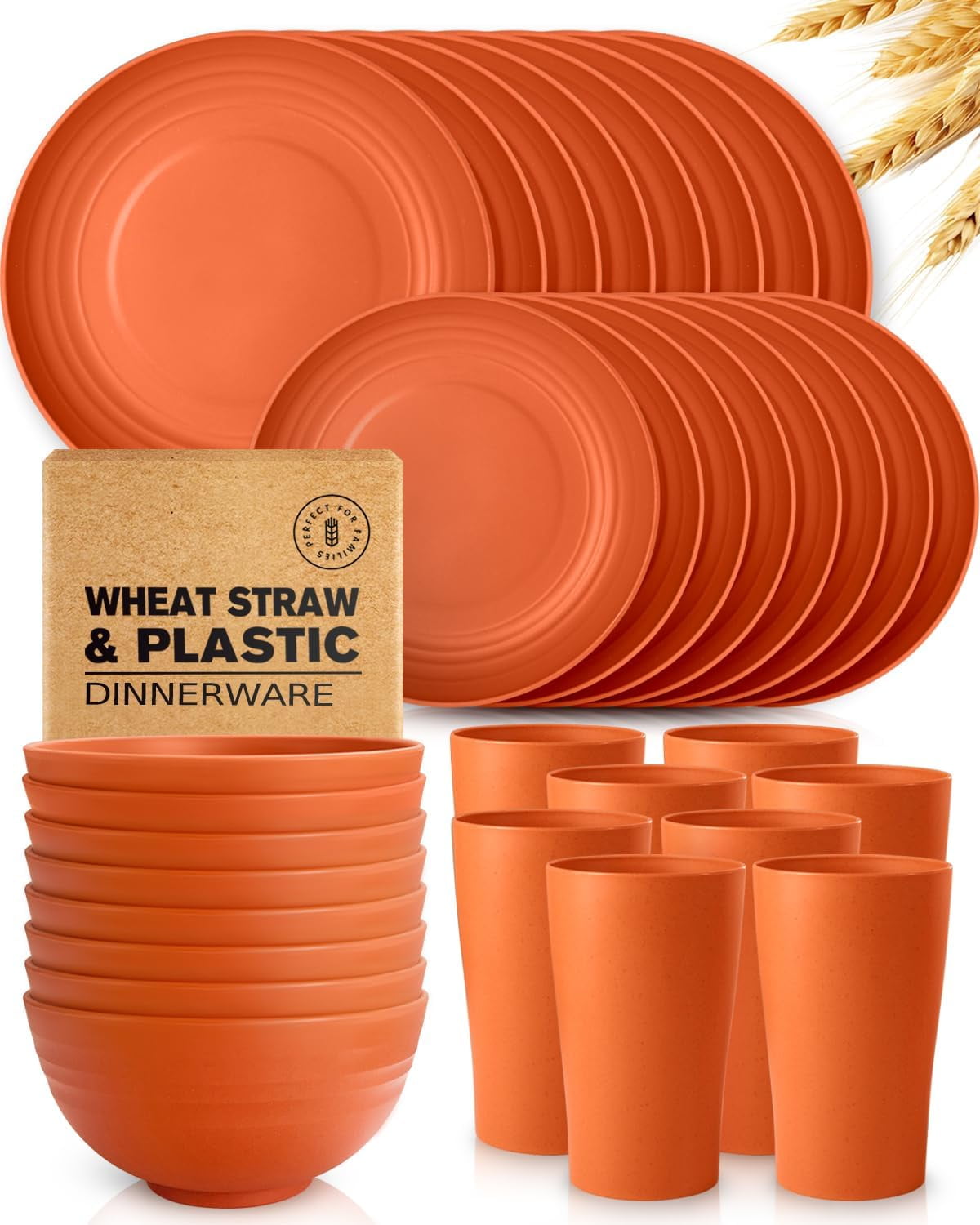 32-Piece Kitchen Plastic Wheat Straw Dinnerware Set, Service for 8 ...