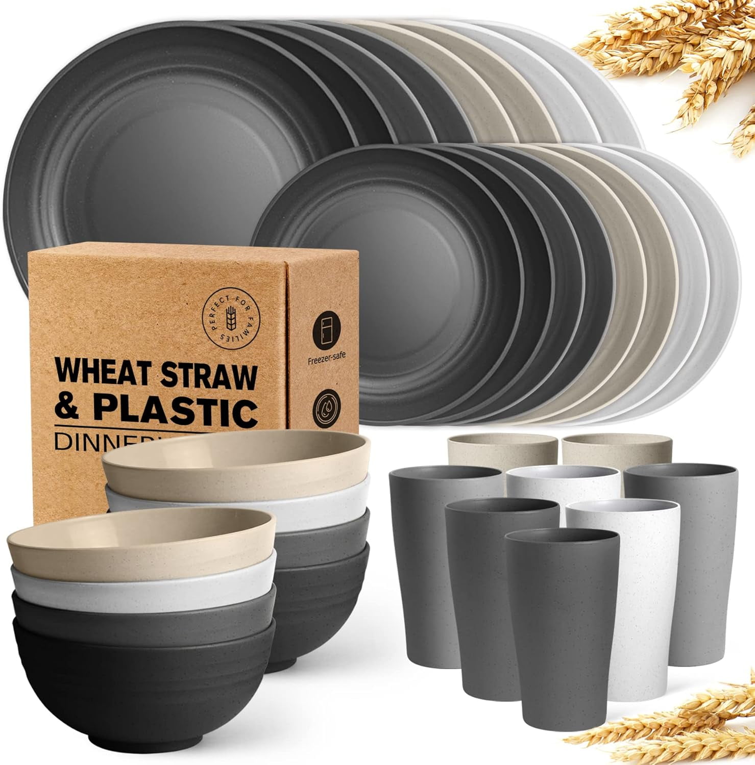 32-Piece Kitchen Plastic Wheat Straw Dinnerware Set, Service for 8 ...