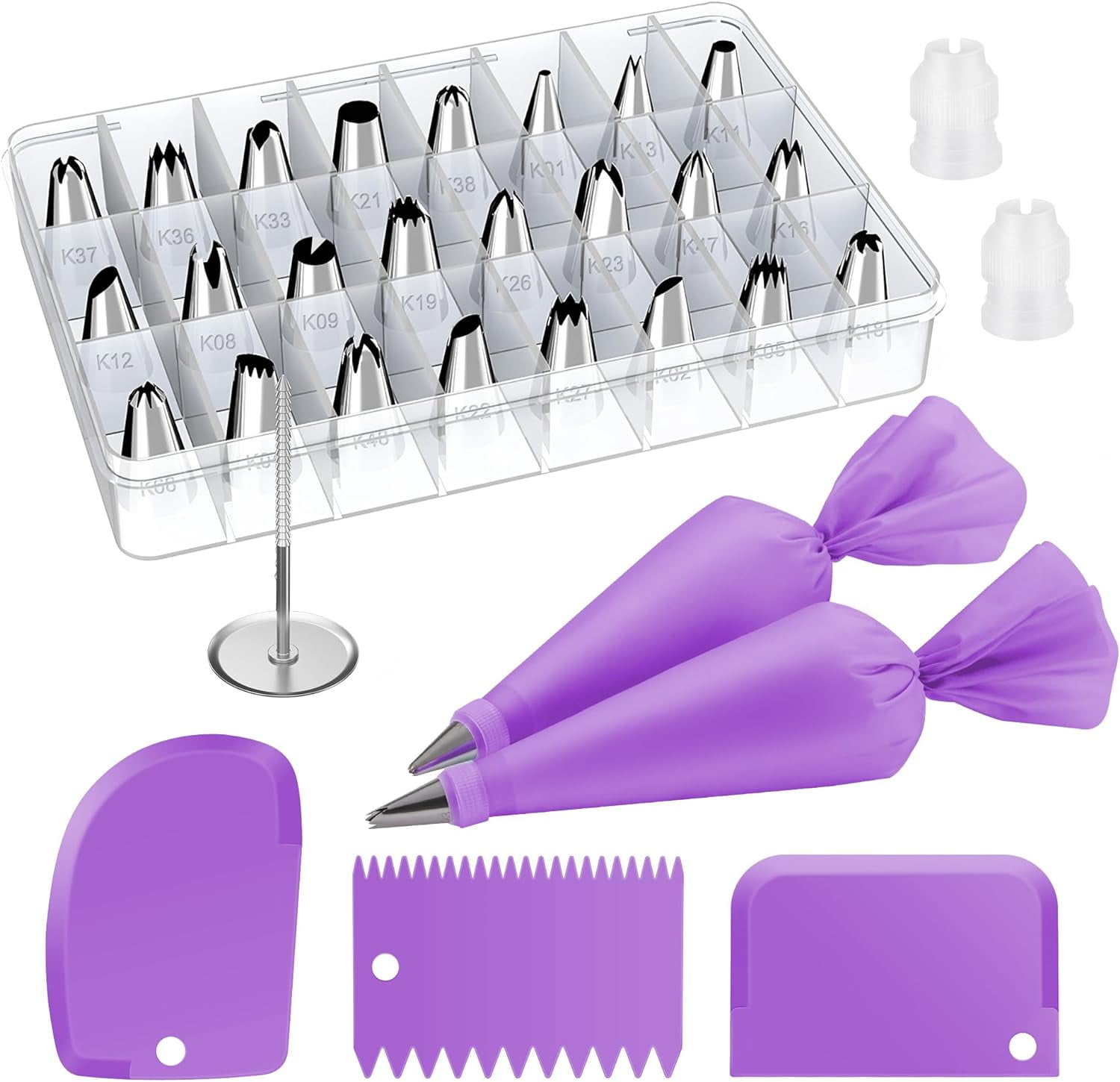 32-Piece Piping Bags and Tips Set with 24 Icing Piping Tips, 2 Reusable ...