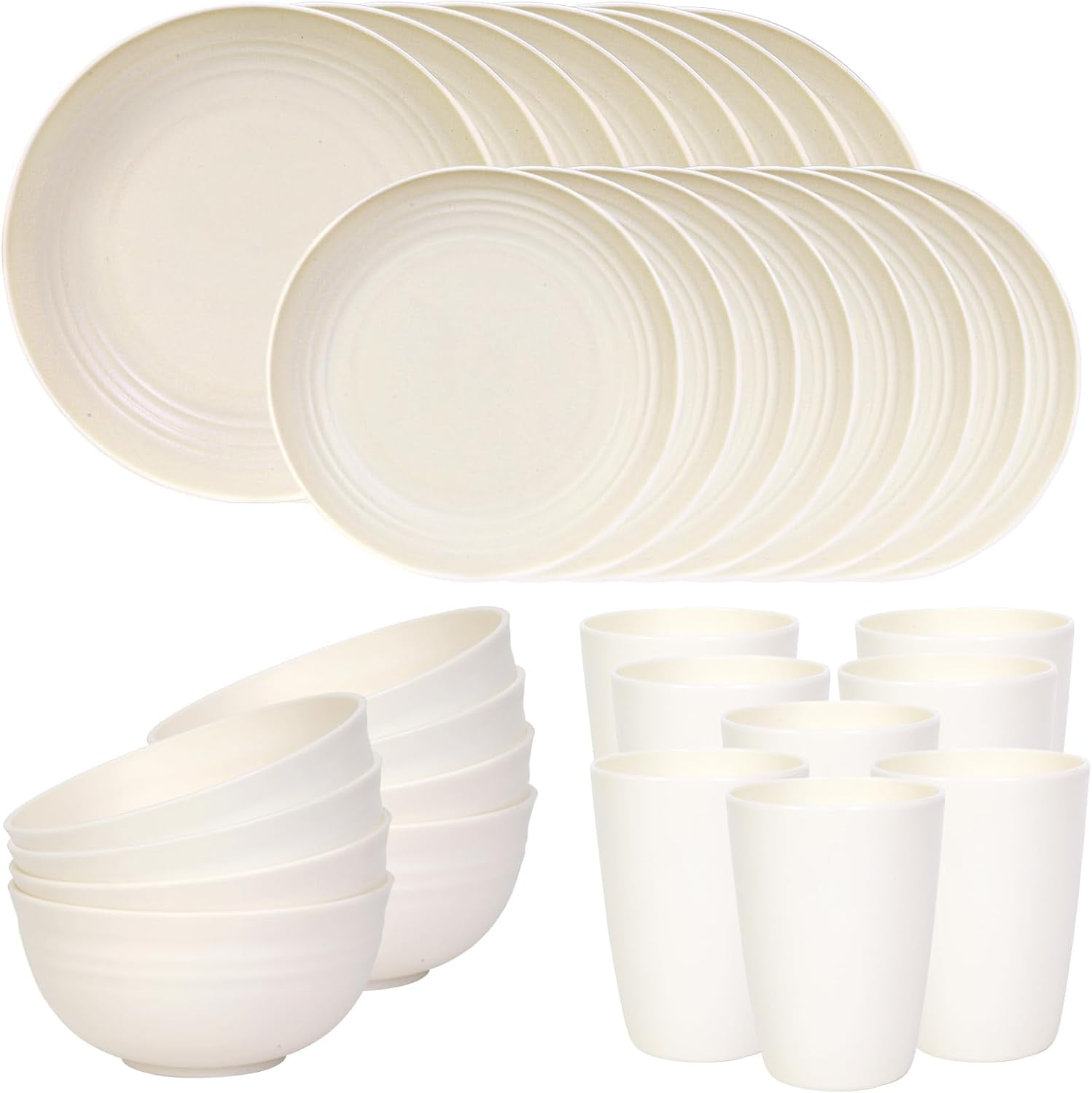 32 Piece Plates and Bowls Sets of 8, Unbreakable Wheat Straw Dinnerware ...