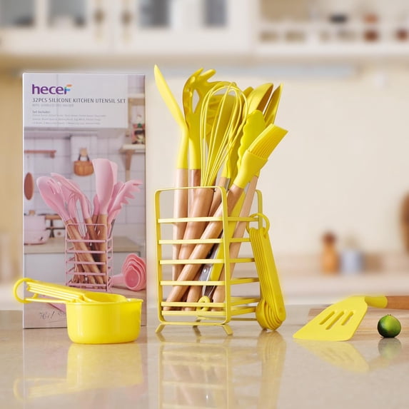 32-Piece Silicone Kitchen Utensils Set with Stainless Steel Holder, 446 ...
