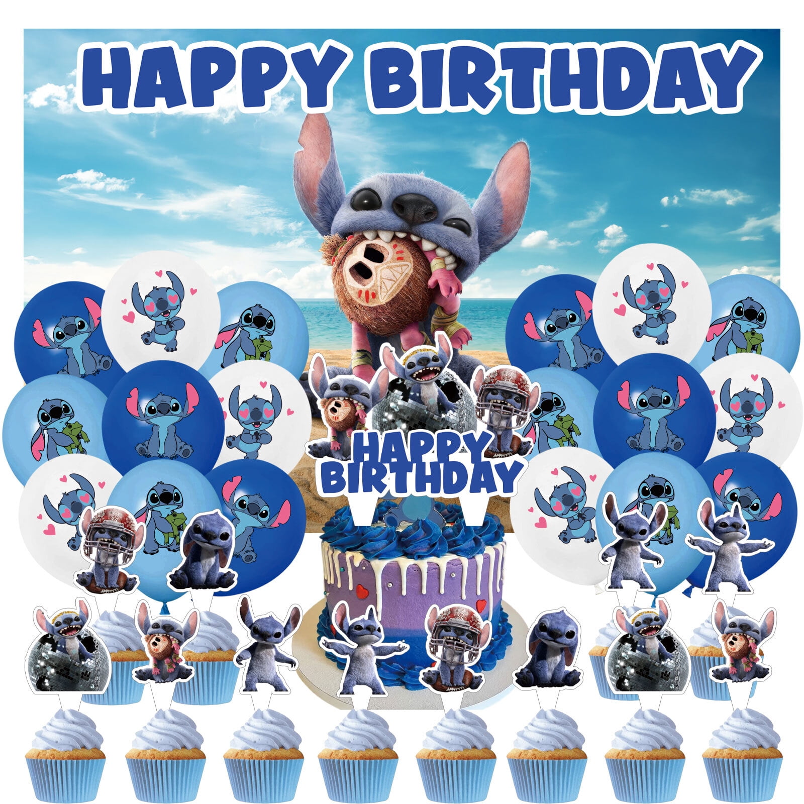32-Piece For Stitch Cartoon-Themed Party Decoration Set – Includes Backdrop, Cake Topper, 12 ...