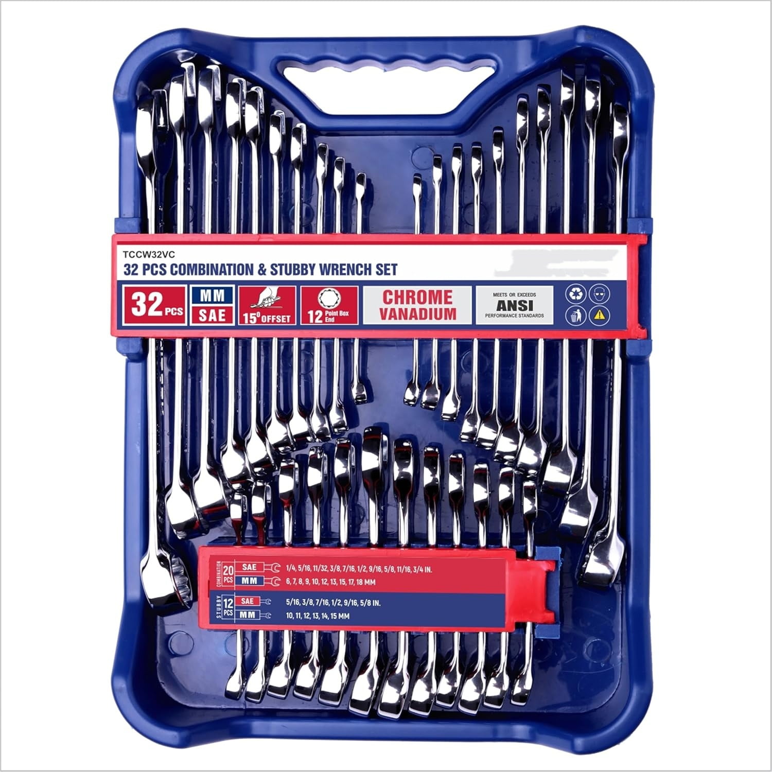 32 Piece Wrench Set SAE & Metric 20 Standard & 12 Stubby Combination ...