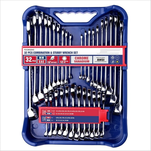 32 Piece Wrench Set SAE & Metric 20 Standard & 12 Stubby Combination ...