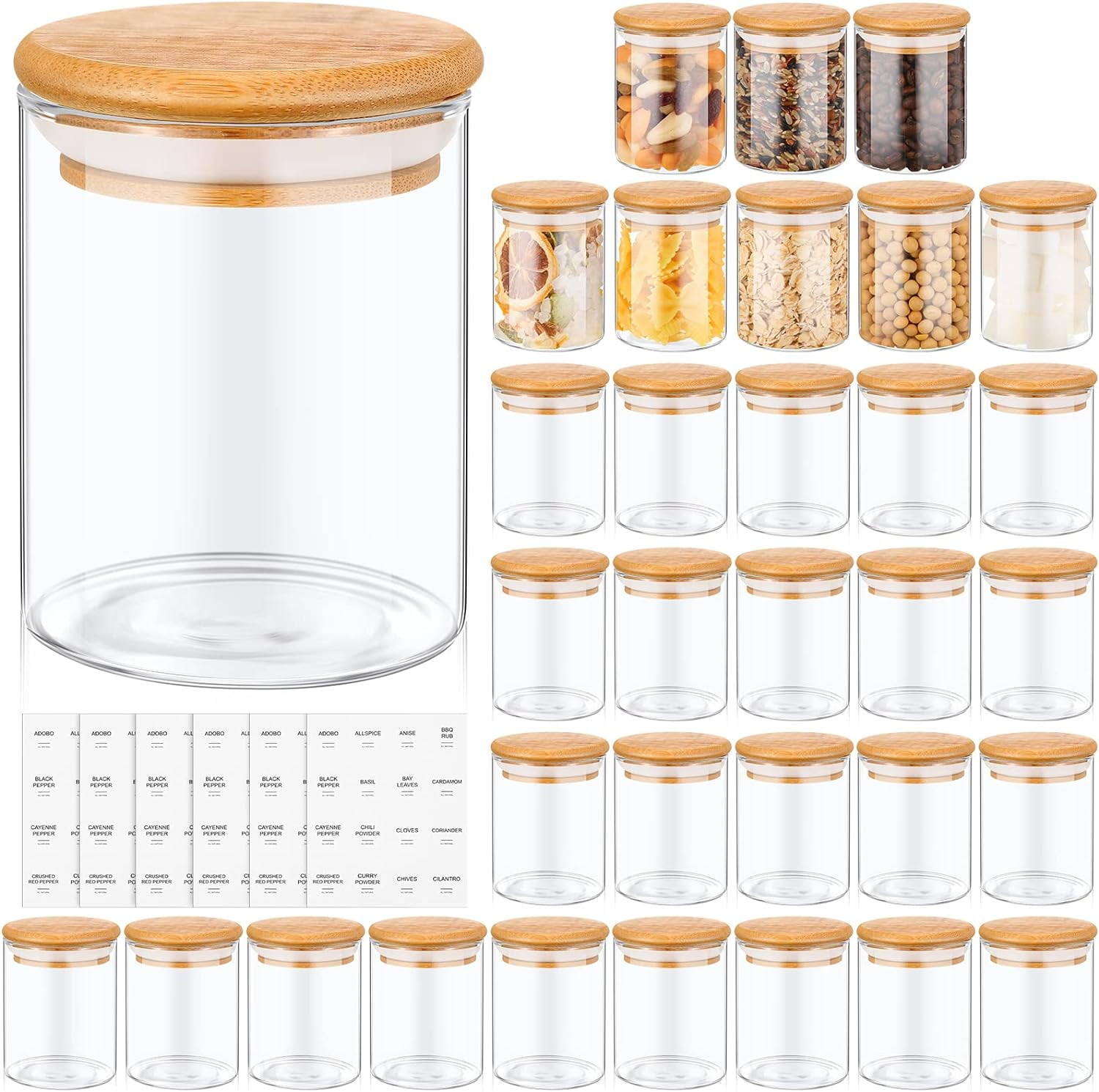 32 Pieces 7 oz Glass Spice Jars with Bamboo Lids and Labels, Large ...