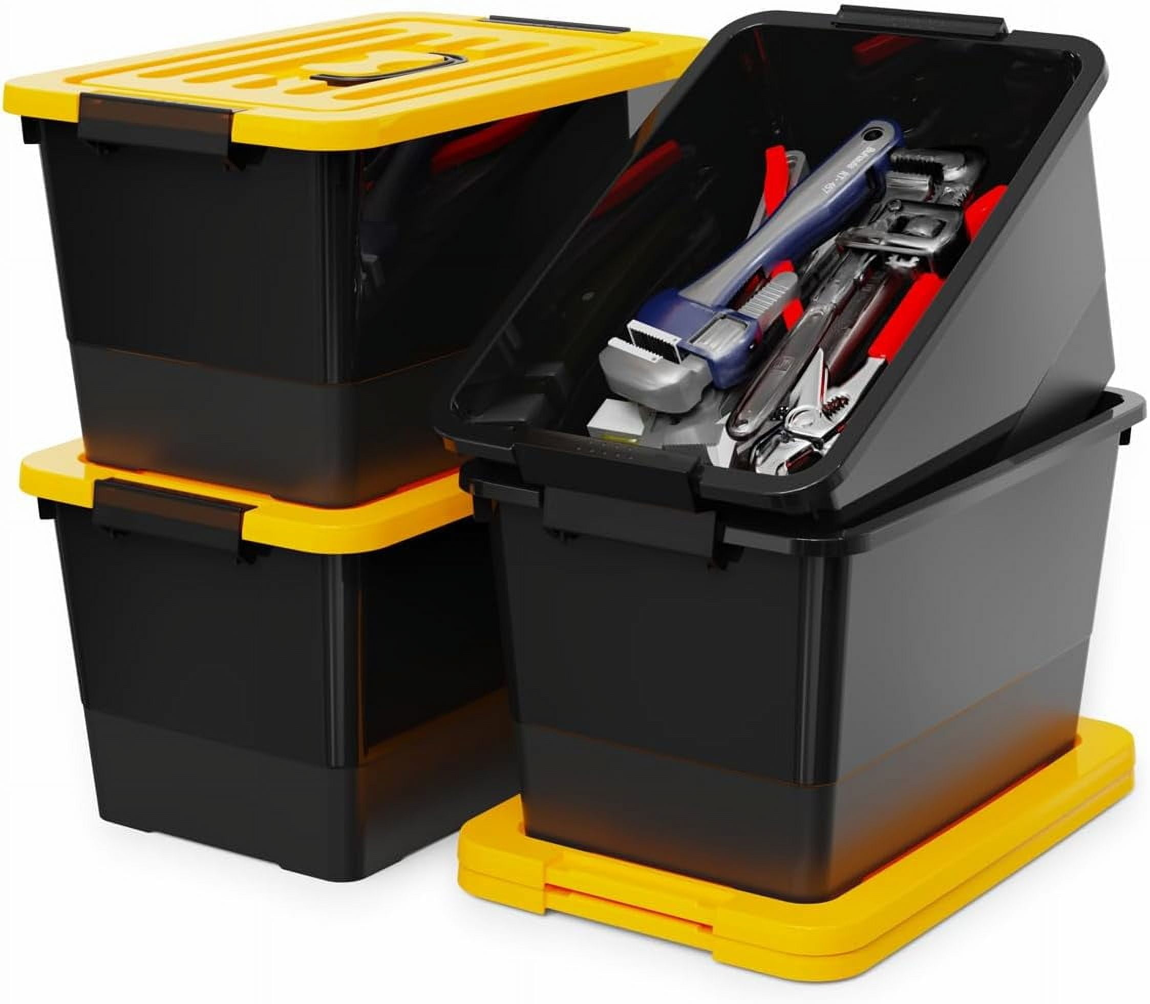 32 Quart Stackable Plastic Storage Bins with Yellow Lids, 4 Pack Black ...