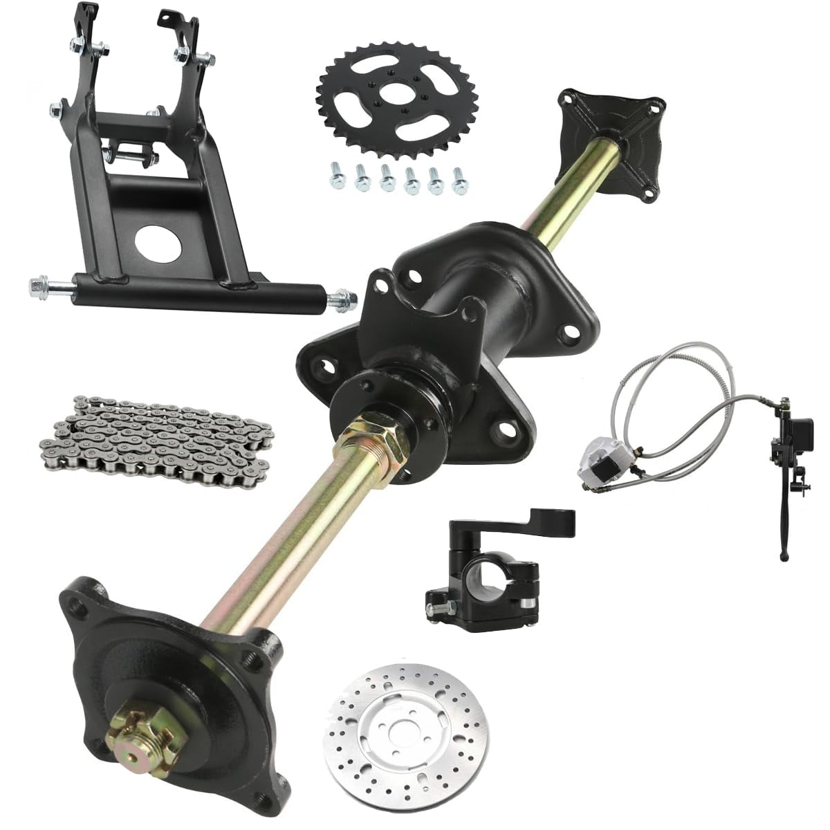 32" Rear Axle Kit with Swingarm Frame Bracket, 4 Stud Wheel Hubs, 530 ...