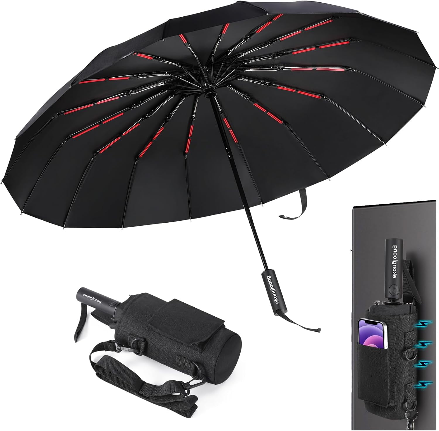 32-Rib Windproof Travel Umbrella with Magnetic Storage Holster, Compact ...