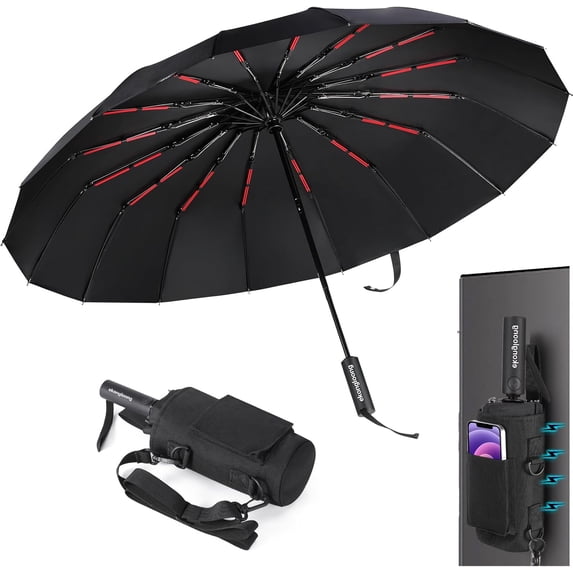 32-Rib Windproof Travel Umbrella with Magnetic Storage Holster, Compact ...