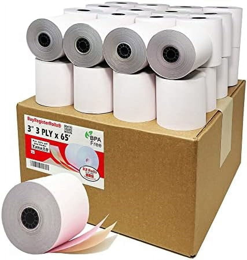 (32 Rolls) 3-ply 3" inch 65' Feet White/Canary/Pink Carbonless Paper ...