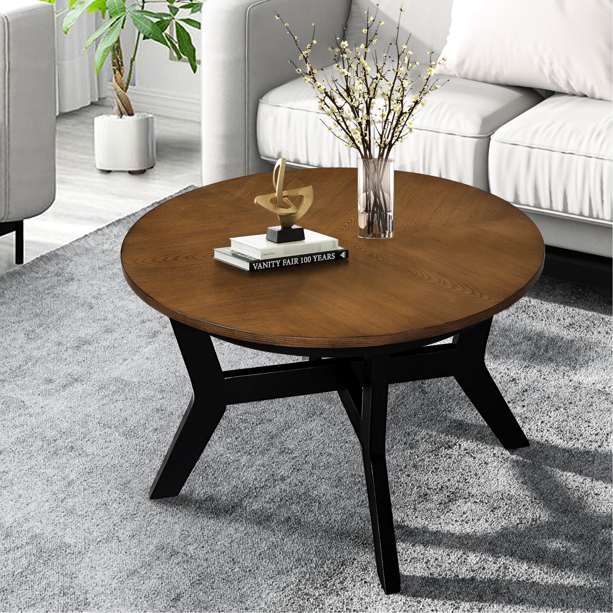 32" Round Coffee Table, Mid Century Style, Solid Wood And , Black ...