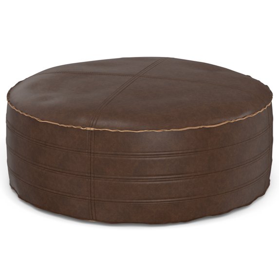 32” Round Coffee Table Pouf Ottoman – Distressed Dark Brown Faux ...
