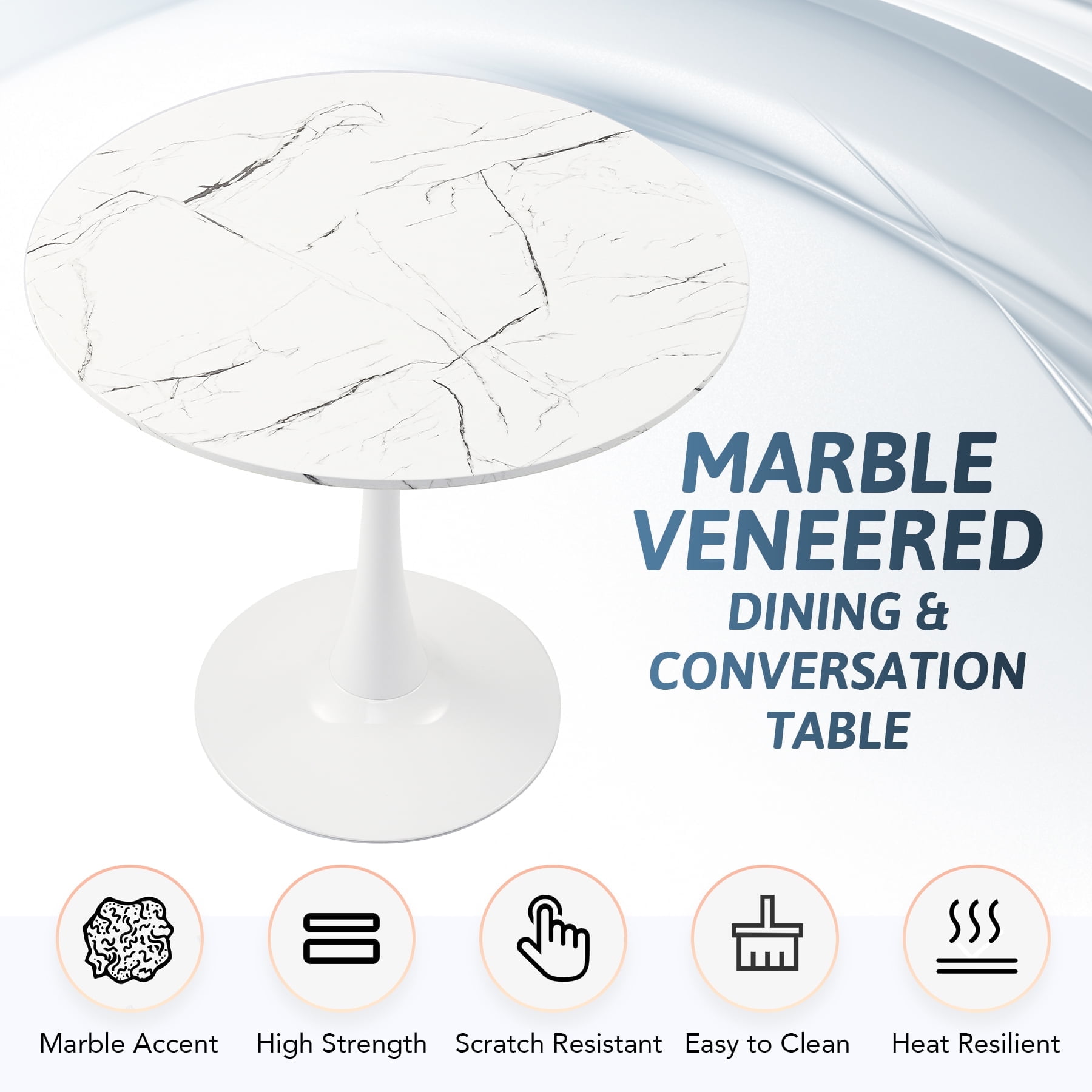 "32"" Round Dining Table with Marble Top and Metal Pedestal Base for ...