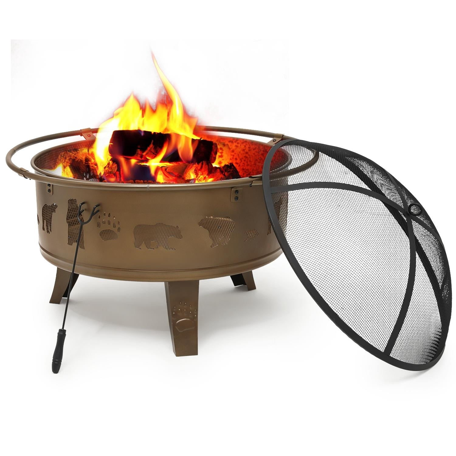 32" Round Wood-Burning Fire Pit Set with Poker and Spark Screen ...