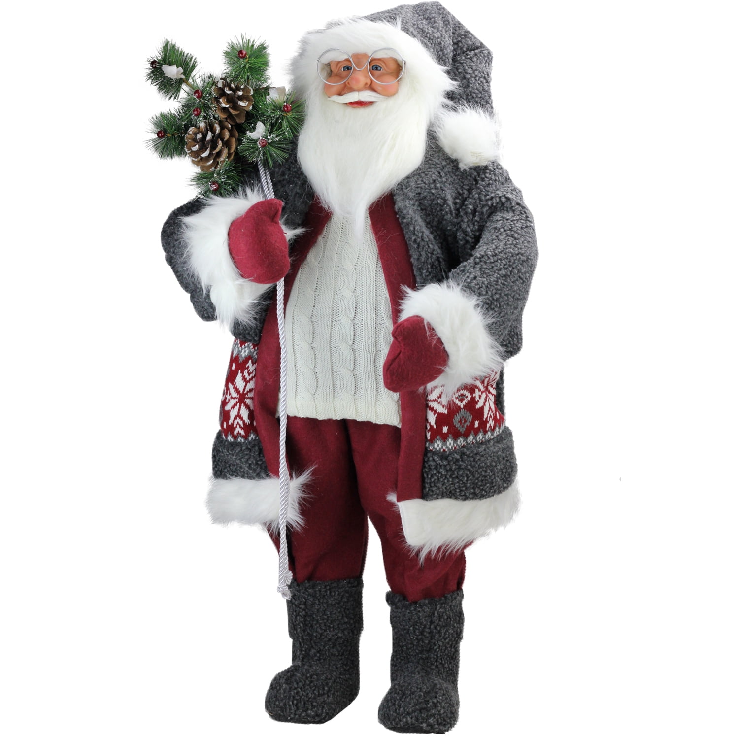 32" Santa in Plush Gray Suit with Sack of Pine Christmas Figure ...