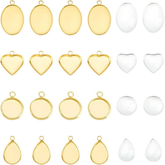 32 Sets 4 Styles Stainless Steel Pendant Cabochon Round Oval Heart ...