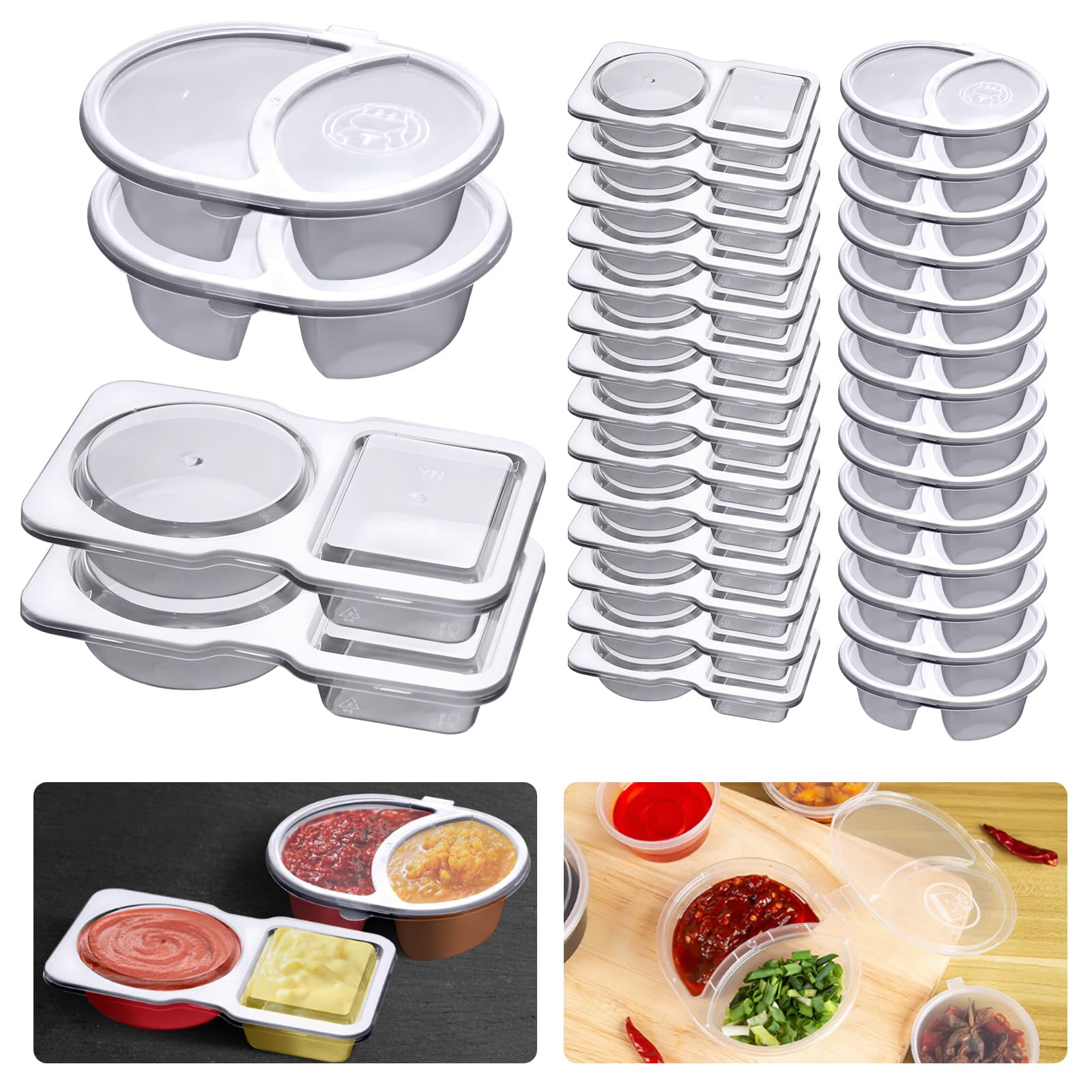 32 Sets Double Compartment Condiment Container, Disposable 2 ...