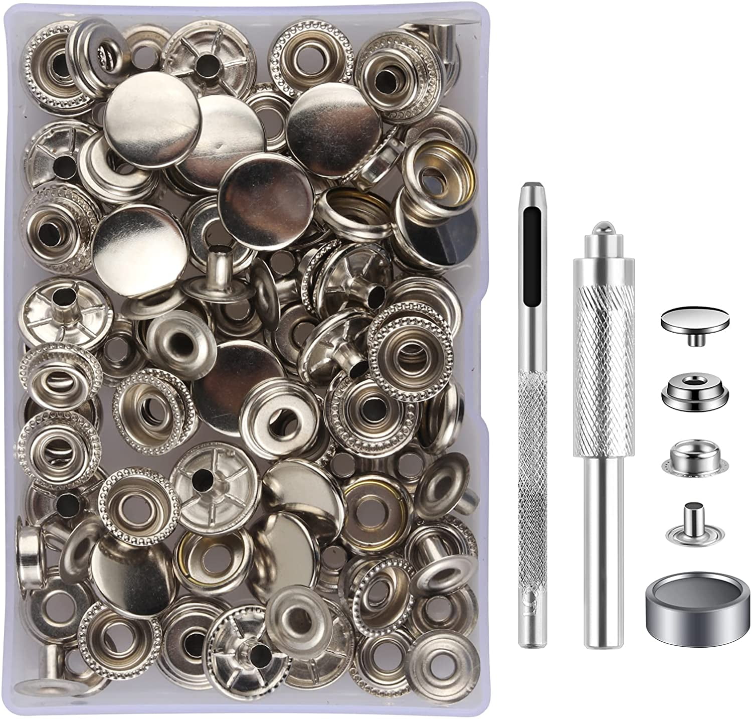 32 Sets Press Studs Cap Button, Stainless Steel Snap Fasteners Kit with ...