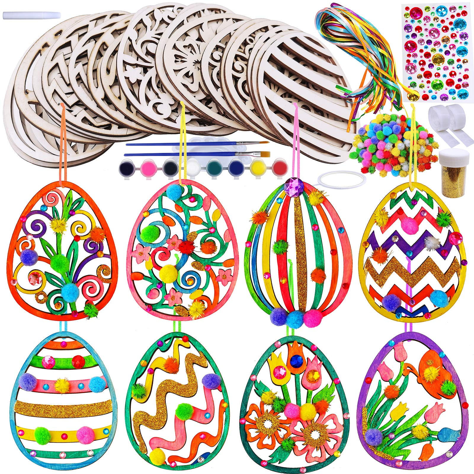 32 Sets Wooden Easter Ornaments Decorations DIY Easter Kits Assorted ...