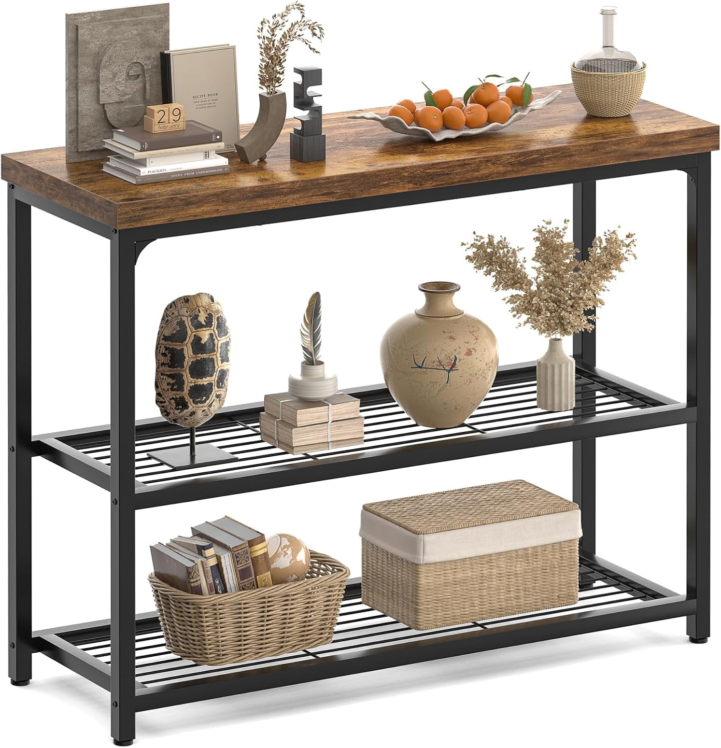 32" Small Console Table, 3-Tier Entryway Table, Sofa Table with Mesh ...