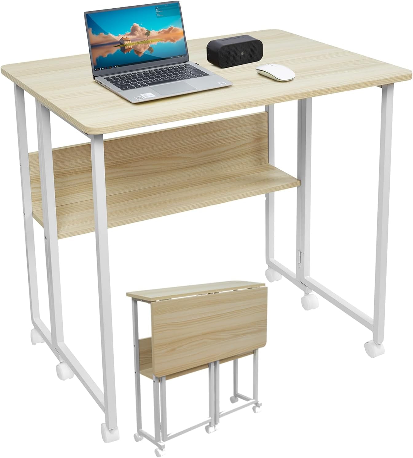 32'' Small Folding Table, Foldable Table with w/Rollers & Fixed Feets ...