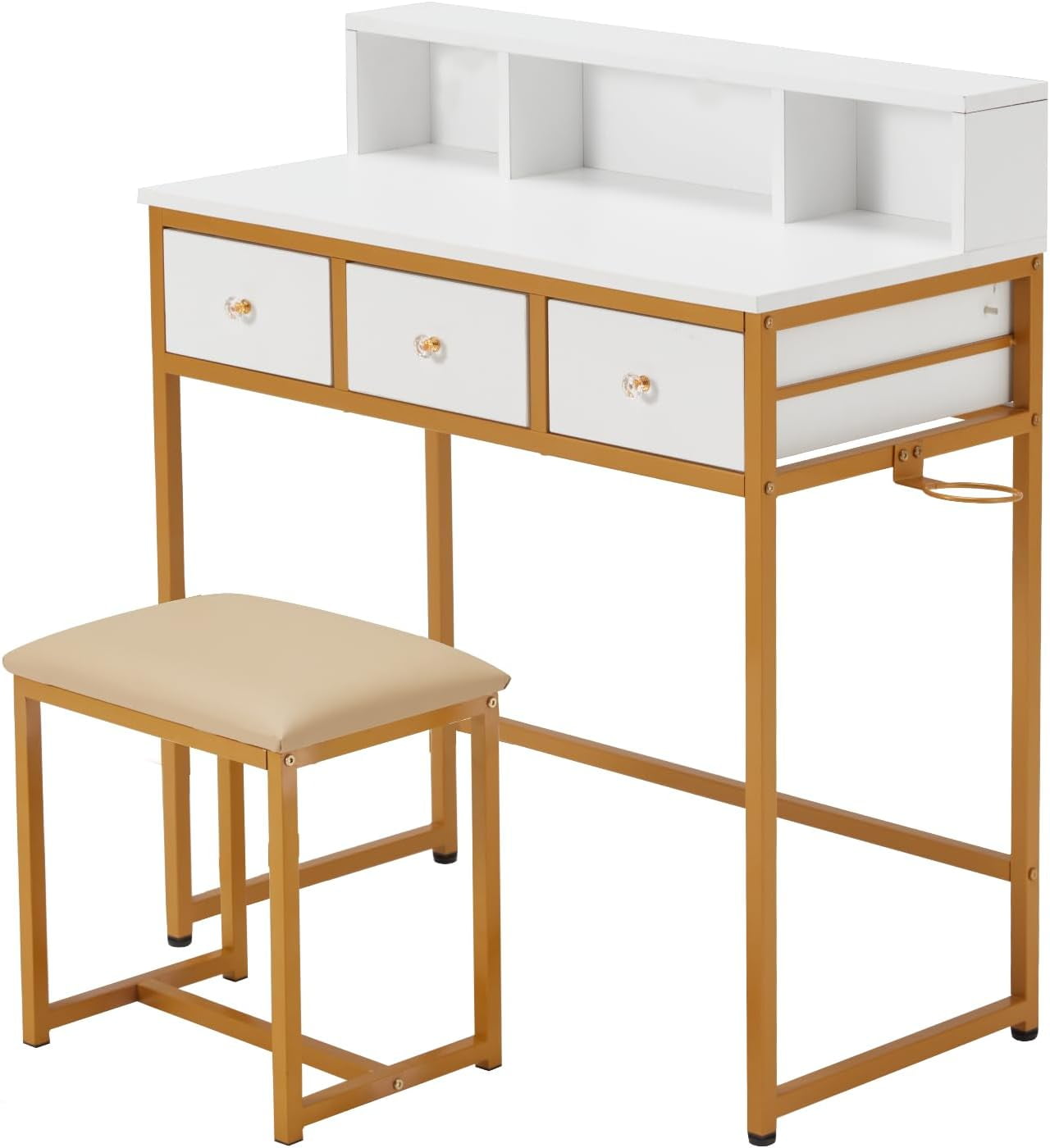 32" Small PC Desk with PU Leather Stool, Vanity Dressing Table with 3 ...
