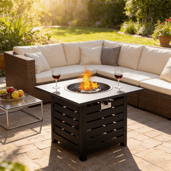 32" Square Black Fire Pit Table - 50,000 BTU Auto-Ignition Tank-Hiding ...