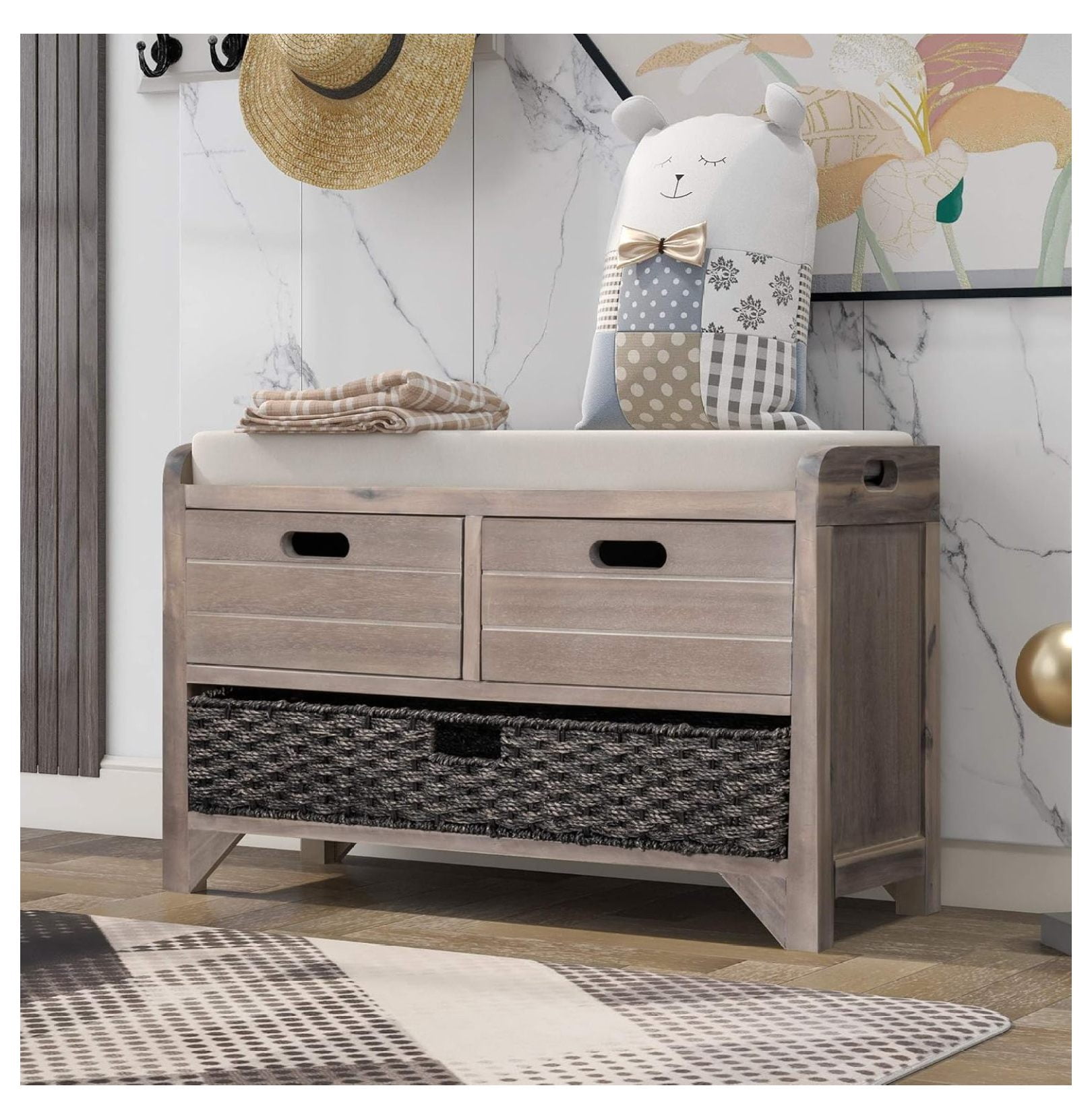 32″ Storage Basket and 2 Drawers, Fully Assembled Shoe Benches with ...