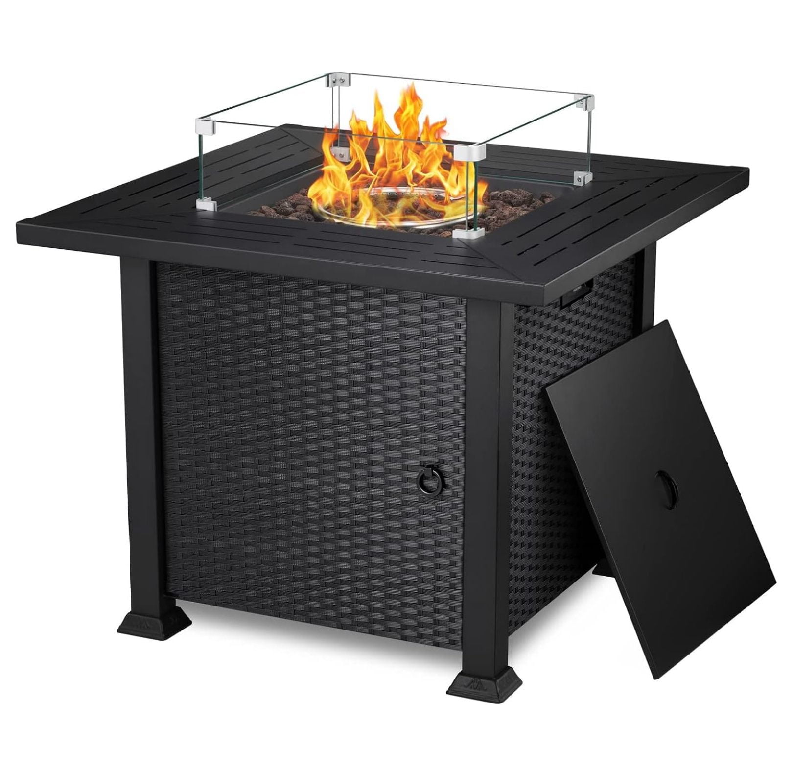32" Table, Propane Table with Lava Rock, Glass Wind Cover & Lid, Rattan ...
