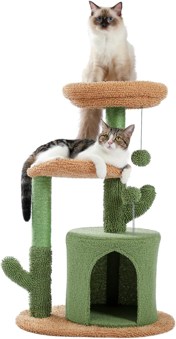 32" Tall Cactus Cat Tree Cat Tower with Warmy Condo, Plush Perches ...