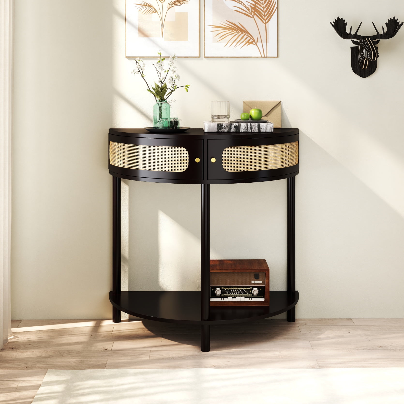 32" Tall Half Moon Design End Table with Rattan Door, Semi-circle ...
