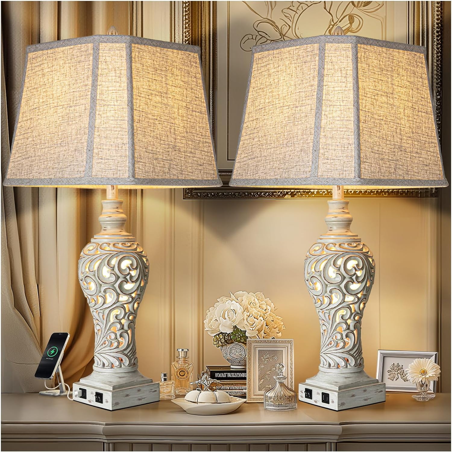 32" Tall Table Lamps Set of 2 - Bedside Lamp with Fabric Shades - for ...