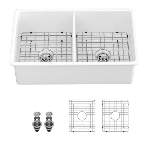 32" Undermount Double Bowl Ceramic Kitchen Sink - Dual Mount White ...