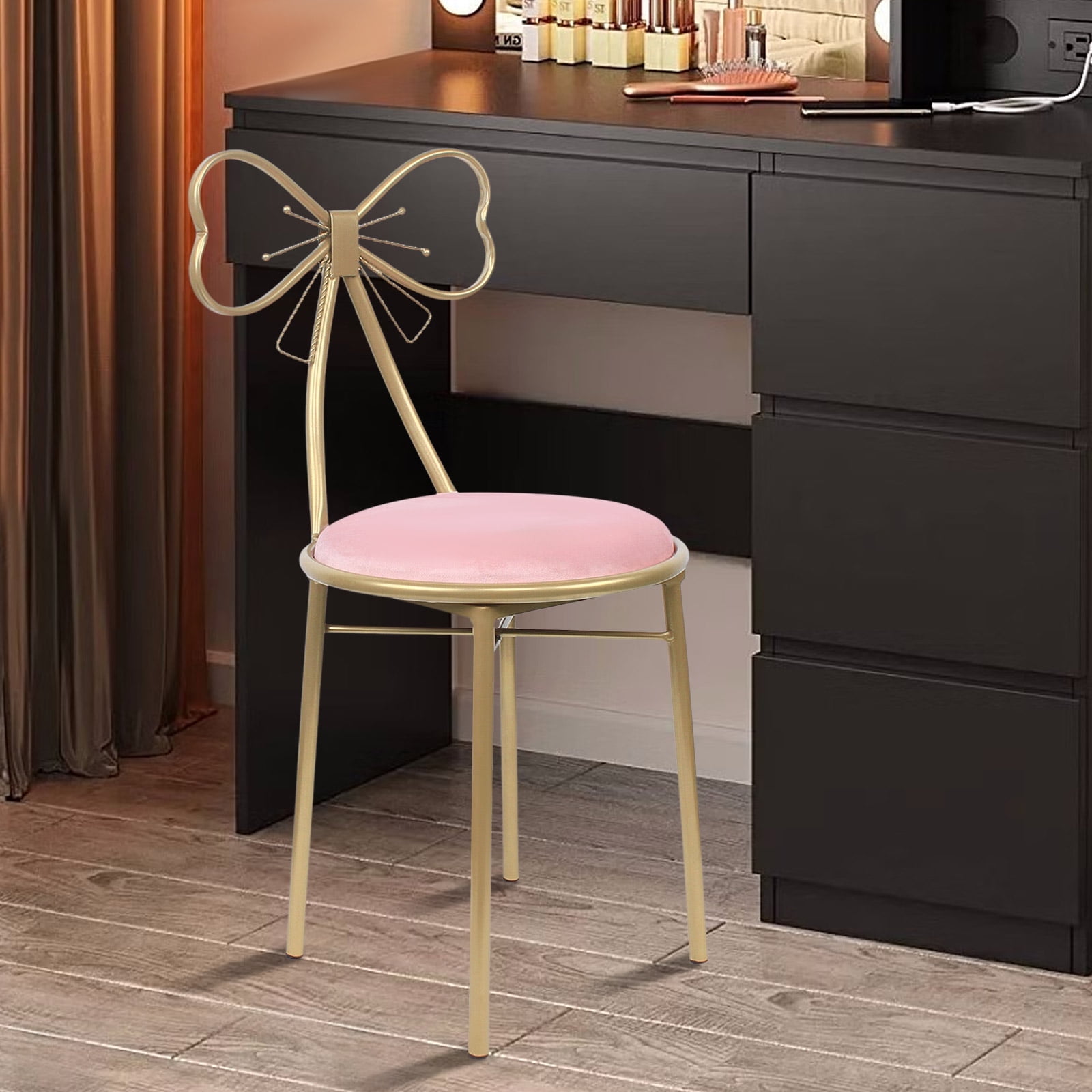 32" Pink Velvet Vanity Stool with Backrest, Butterfly Design, Metal Bow ...