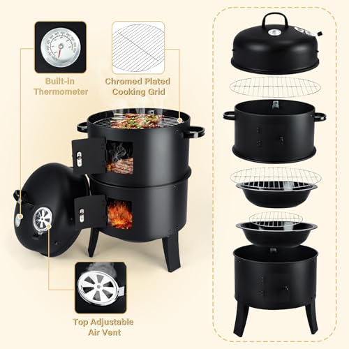 32" Vertical Charcoal Smoker Grill, Heavy-Duty BBQ Grill with Built-in ...