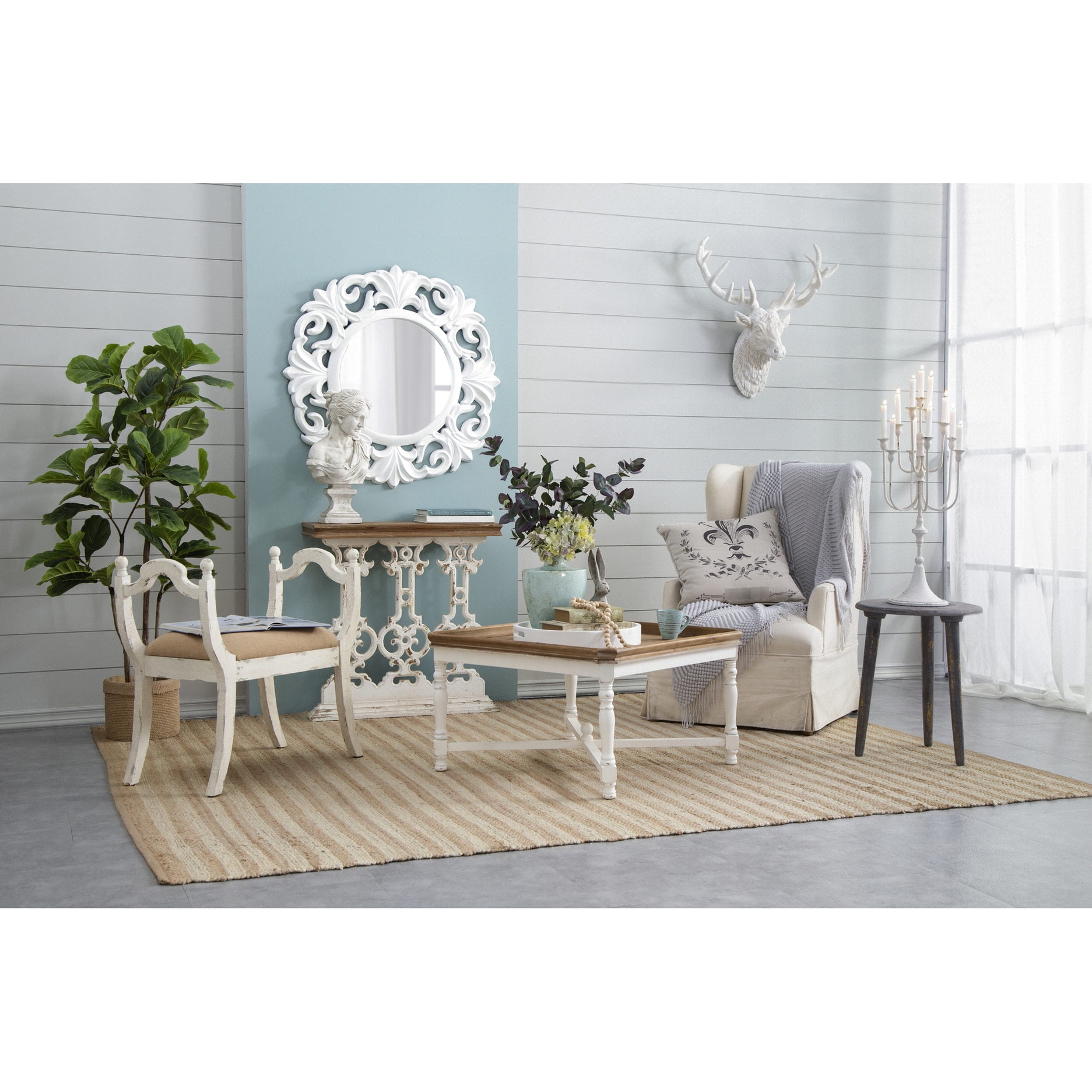 Vintage White Wash Console Table with Warm Wood Top / Fits Behind Low ...