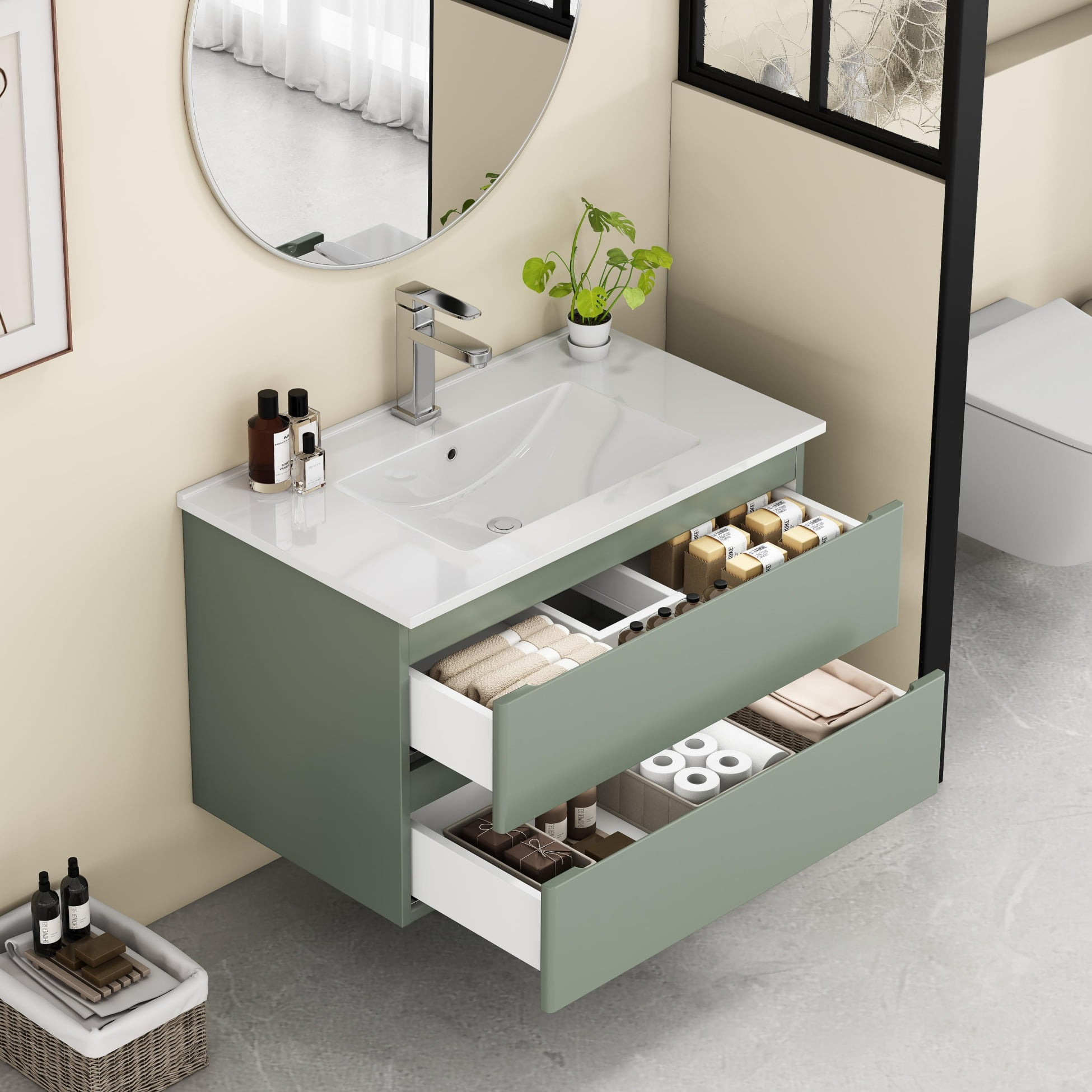 32" Wall Mounted Bathroom Vanity with Ceramic Sink Comb,Wooden Bathroom ...