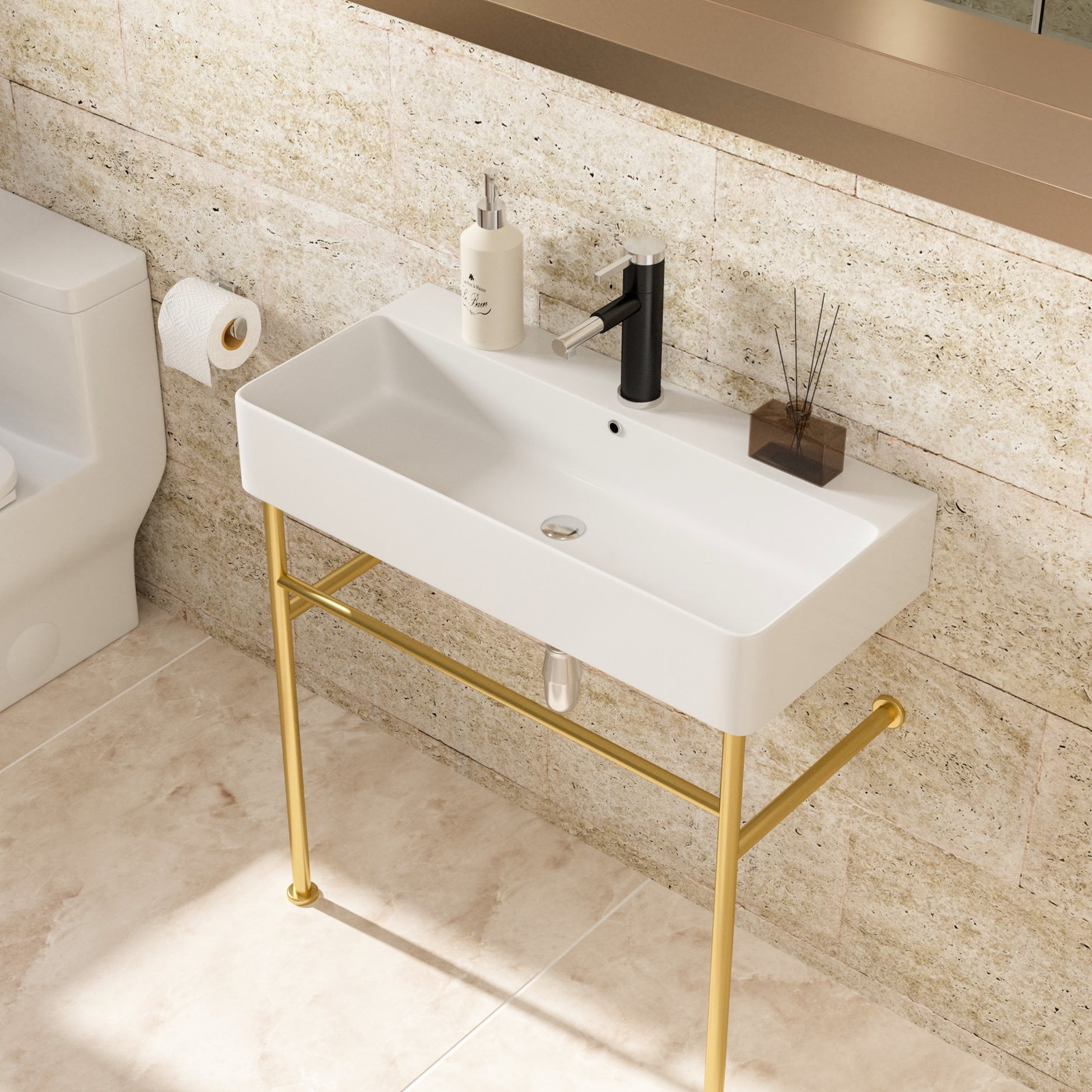 32" White Basin with Gold Legs | Smooth Surface & Easy to Maintain ...