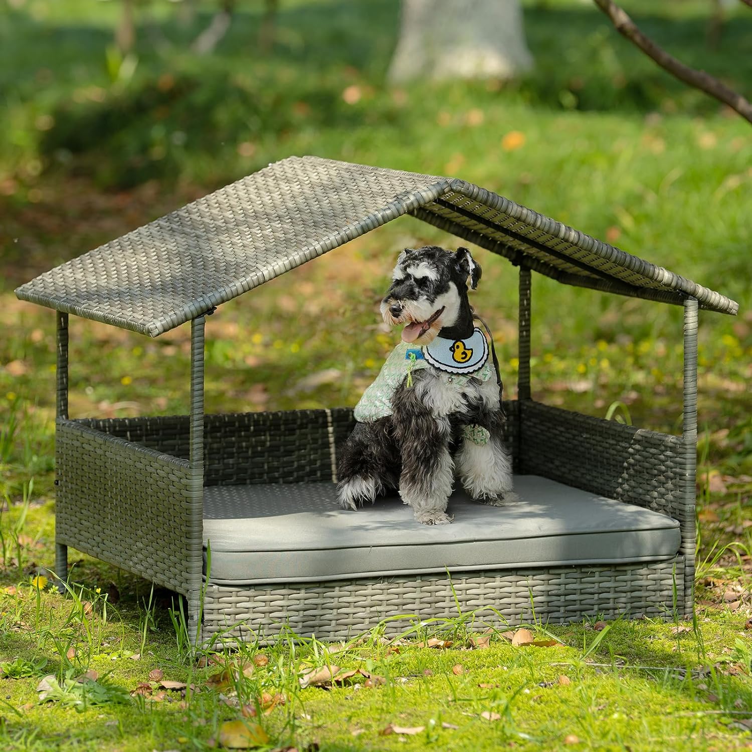 32" Wicker Dog House with Canopy, Indoor/Outdoor Elevated Rattan Dog ...