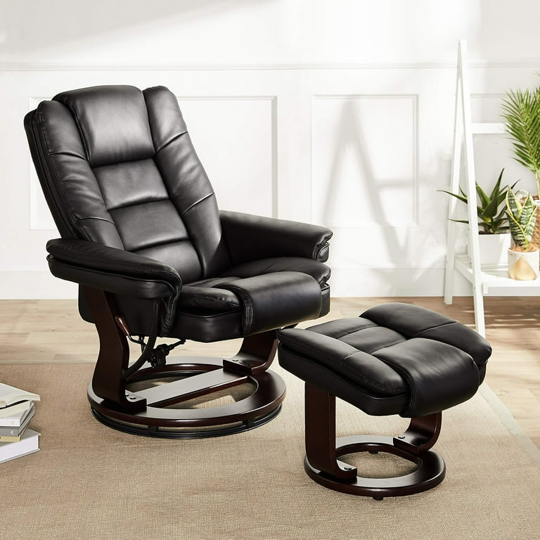 32 Contemporary Leather Recliner and Ottoman with Swiveling Mahogany Wood Base Snugway Upholstery Color Black