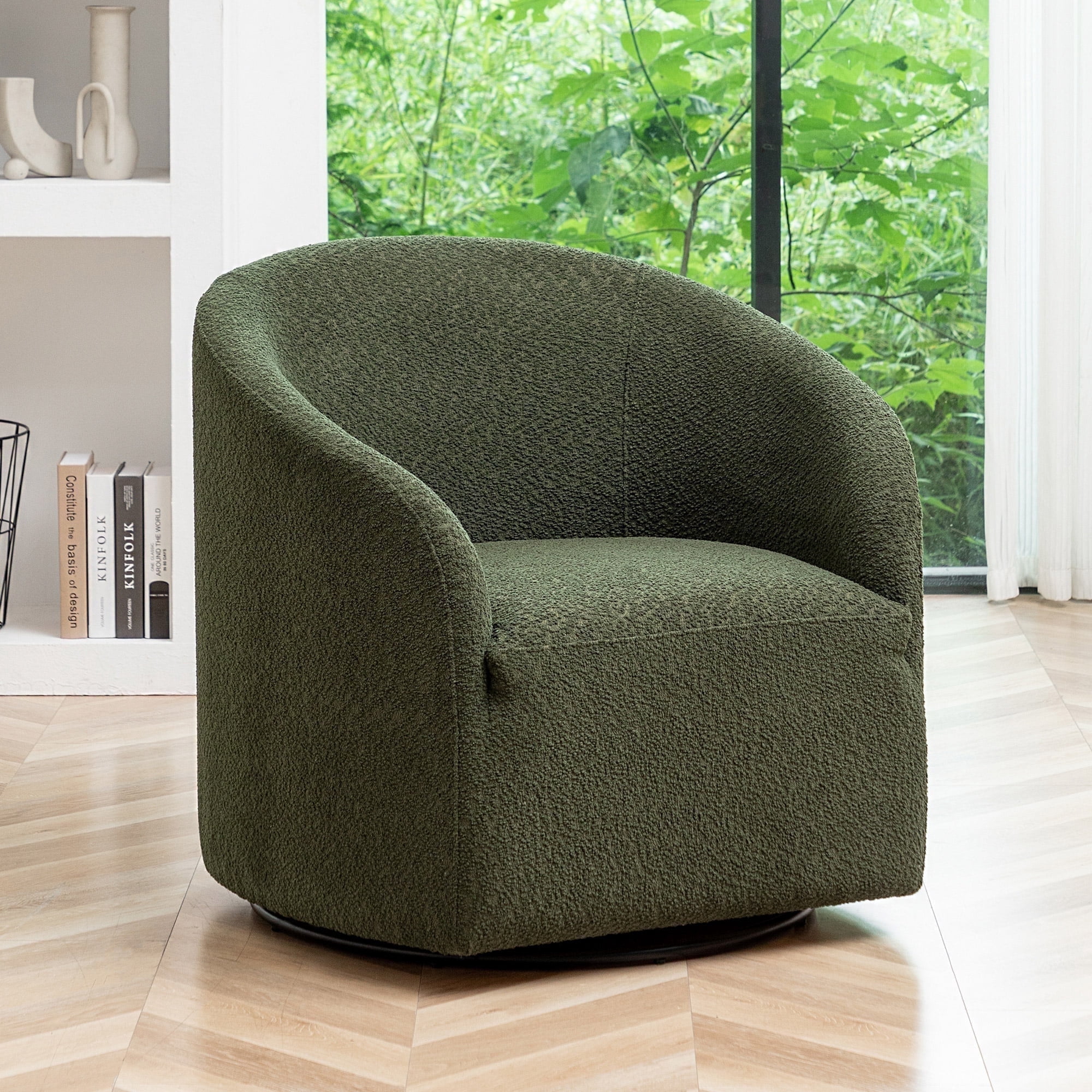 32" Wide Modern Boucle Swivel Barrel Chair, No Assembly Round ...