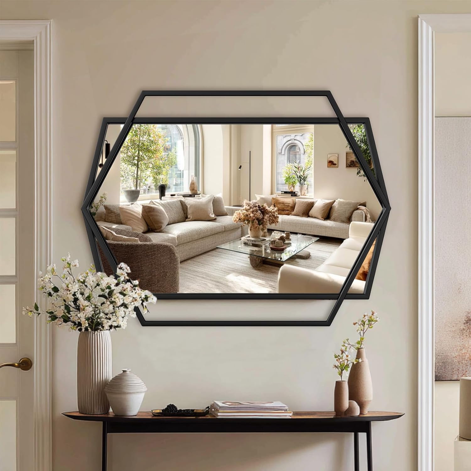 32''X23'' Hexagon Black Metal Framed Wall Mounted, Hexagon and ...