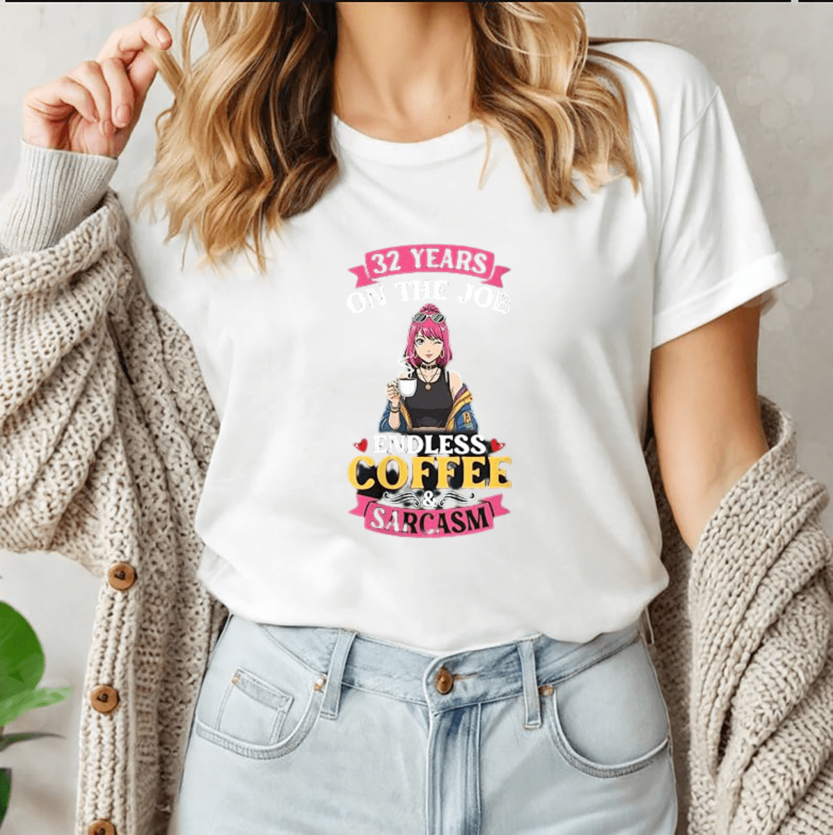 32 Years On The Job Endless Coffee And Sarcasm Funny Unisex T-Shirt, up ...