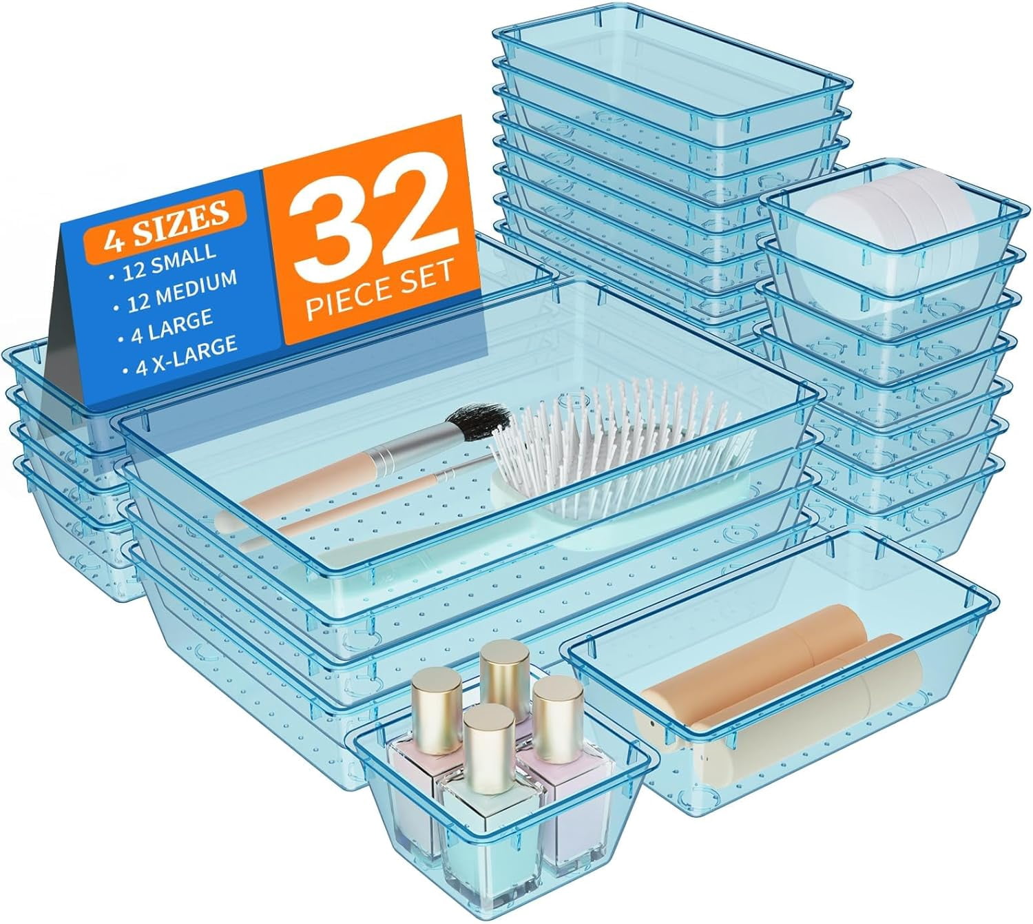 32 count Clear Drawer Organizer Set, 4-Size vanity organizer Trays and ...