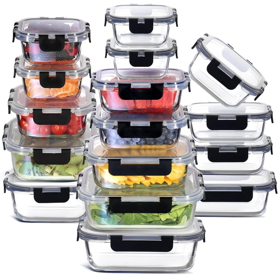 32 count Glass Storage Containers with , Airtight Glass Meal Prep, 16 ...