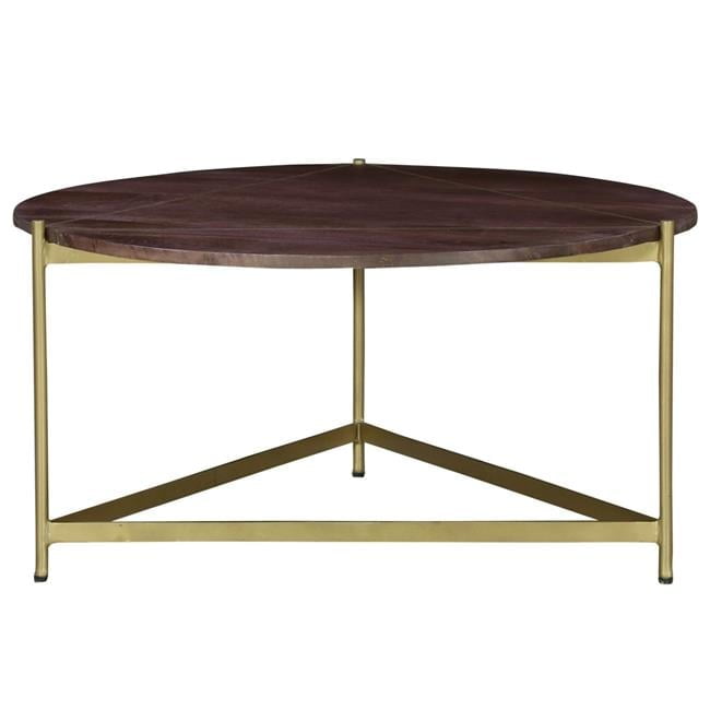32 in. Ellis Round Wood Coffee Table with Brass Metal Base, Matte Gold ...