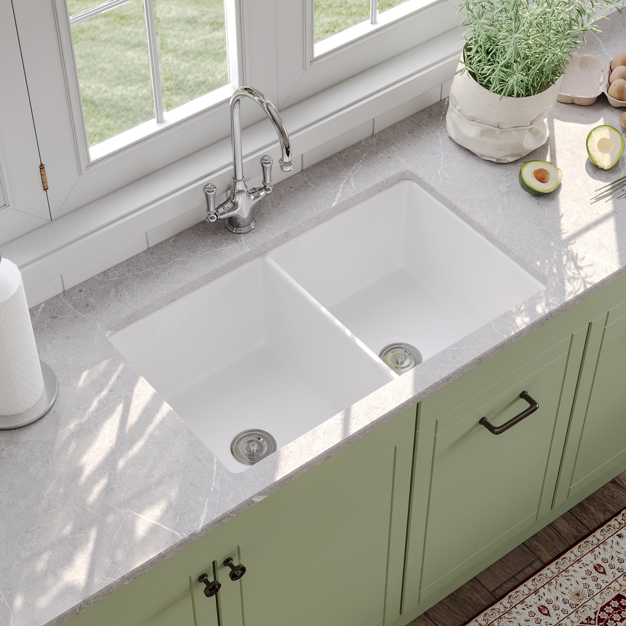 32 in. L x 19 in. W White Fireclay Rectangular Double Bowl Undermount ...