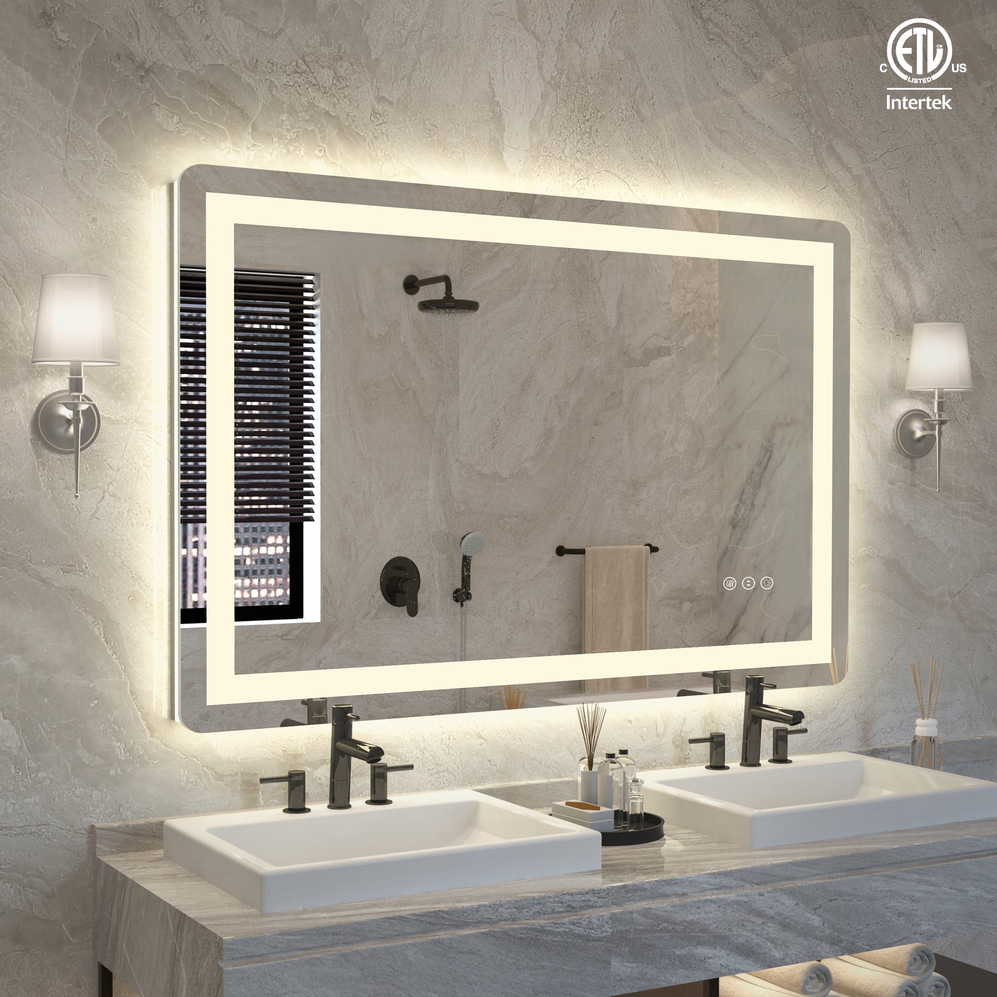 32 in. W x 48 in. H Rectangular Rounded corner Frameless Anti-Fog LED ...