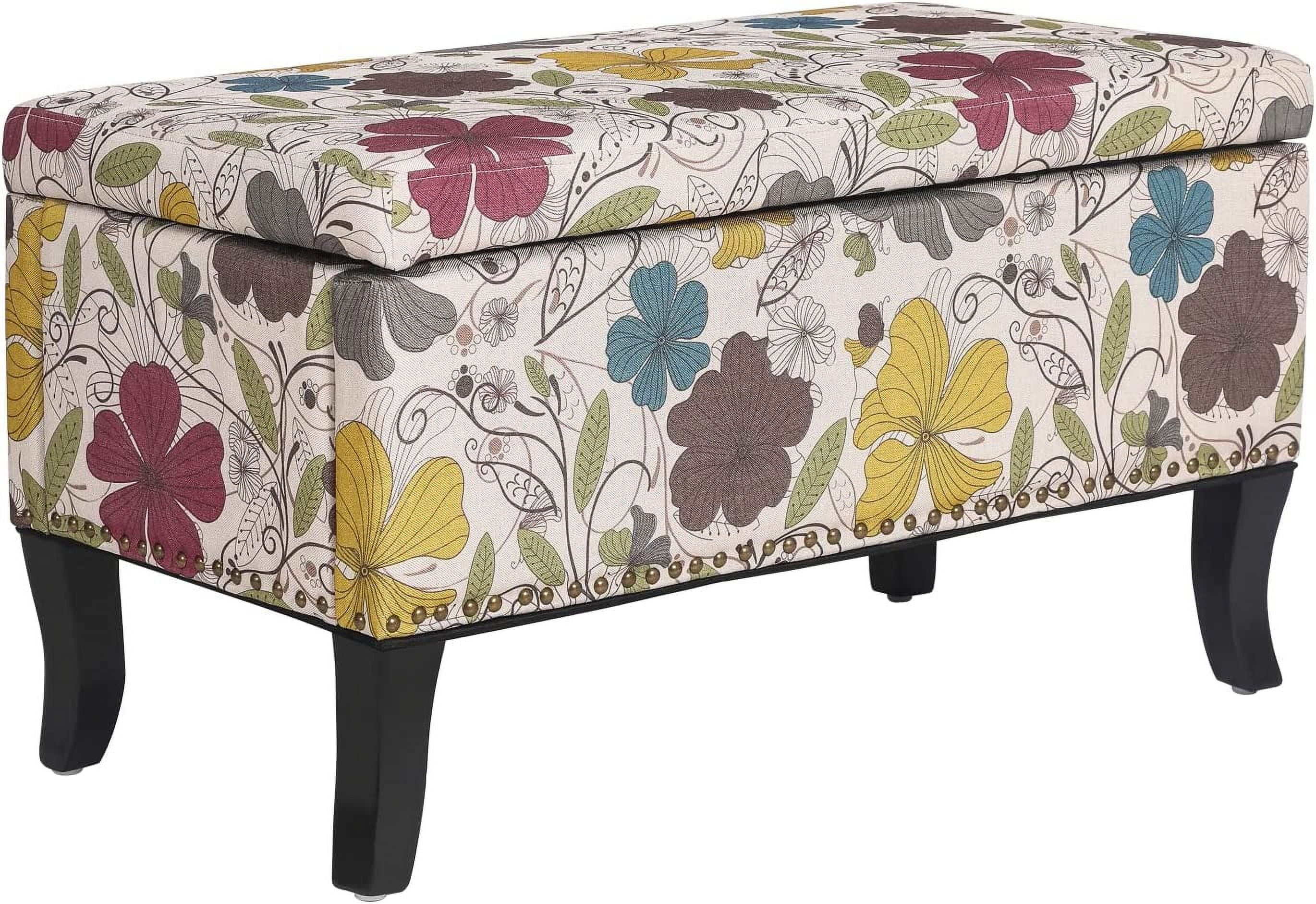 **32 inch rectangular storage ottoman bench, floral printed linen ...