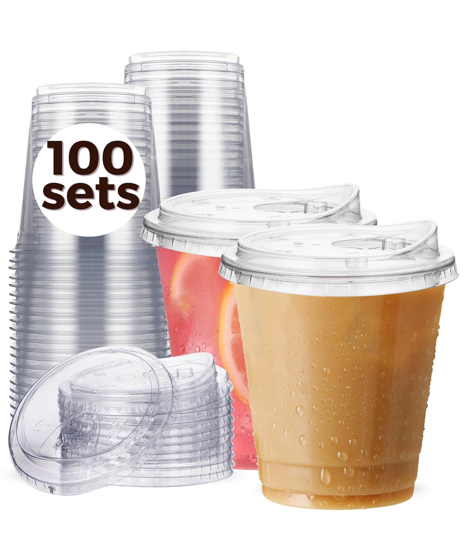 32 oz Clear Plastic Cups with Strawless-Sip-Lids, 100 Sets Disposable ...